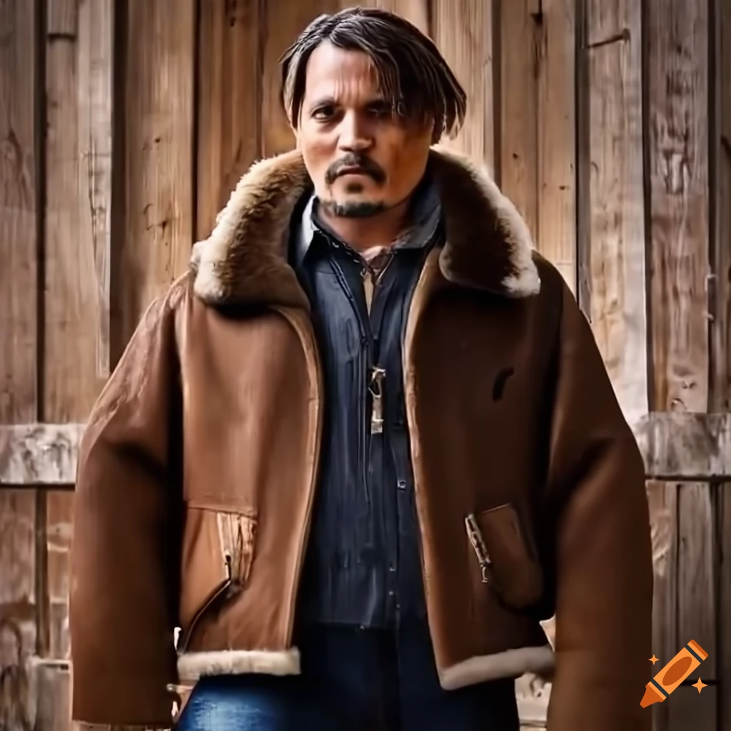 Actor resembling Johnny Depp in sheepskin jacket and leather trousers ...