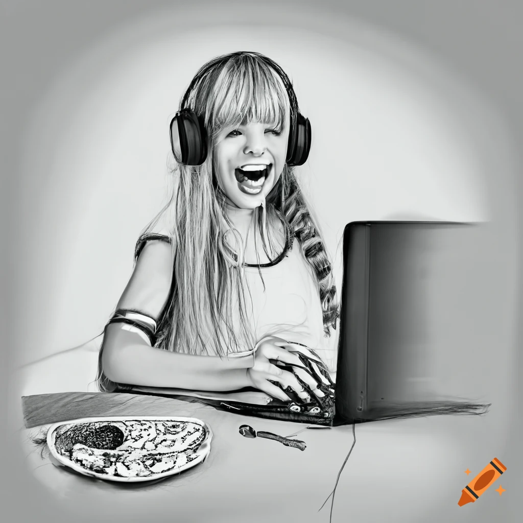 Blond girl laughing with headphones while typing on computer and eating ...