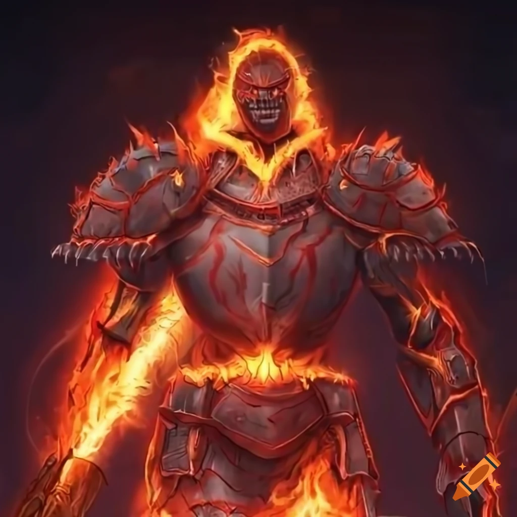 Character with burns covered in fiery armor emitting light and sparks ...