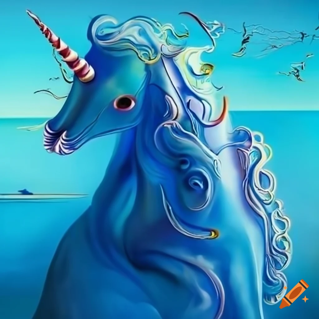 Blue unicorn in the style of salvador dali on Craiyon