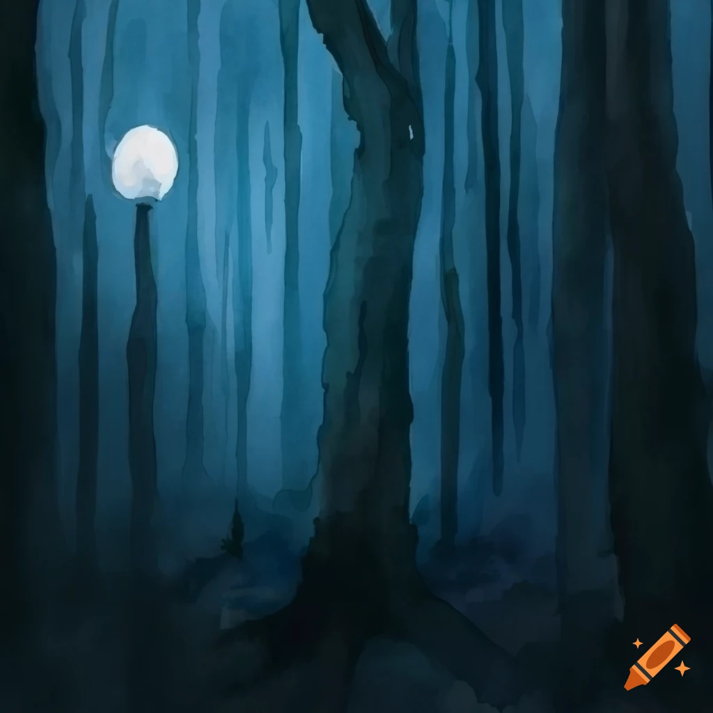 Secluded cluster of trees in a forest at night watercolor art on Craiyon