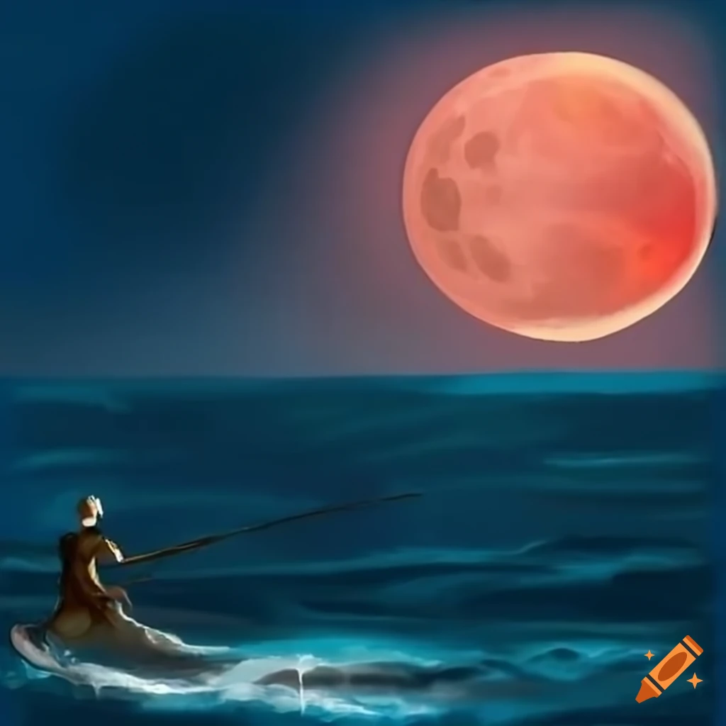 Fisherman under a blood moon on the open ocean on Craiyon