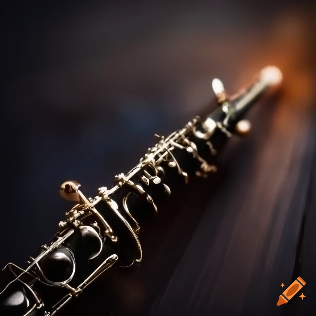 Oboe on a table next to sheet music in a realistic setting on Craiyon