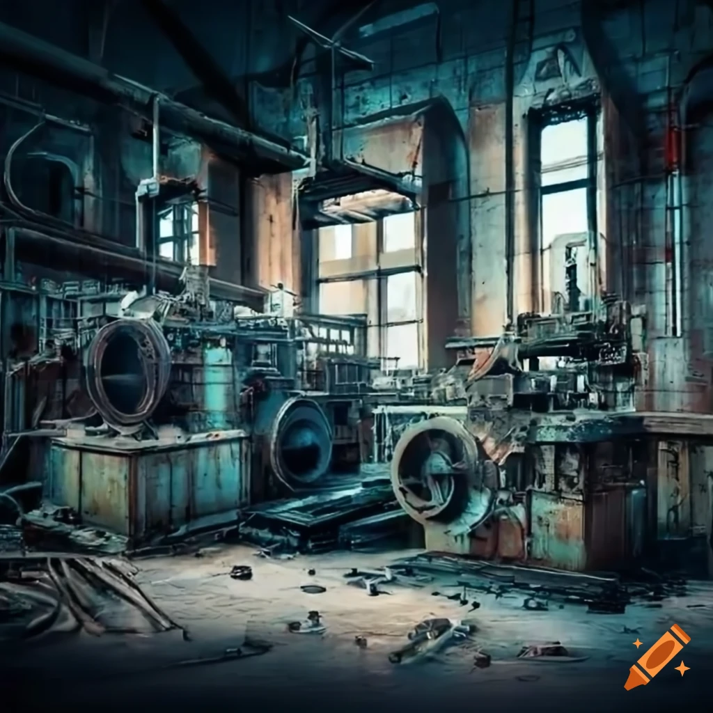 Hyper realistic depiction of an old factory with disassembled machinery ...