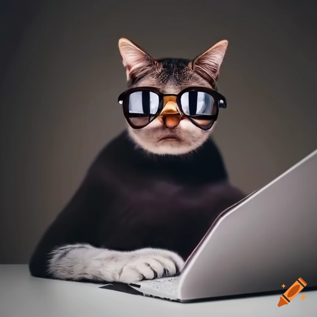 Cat with glasses working on a computer in a home office on Craiyon