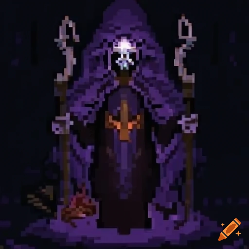 Pixel art of a warlock casting dark magic spells on Craiyon