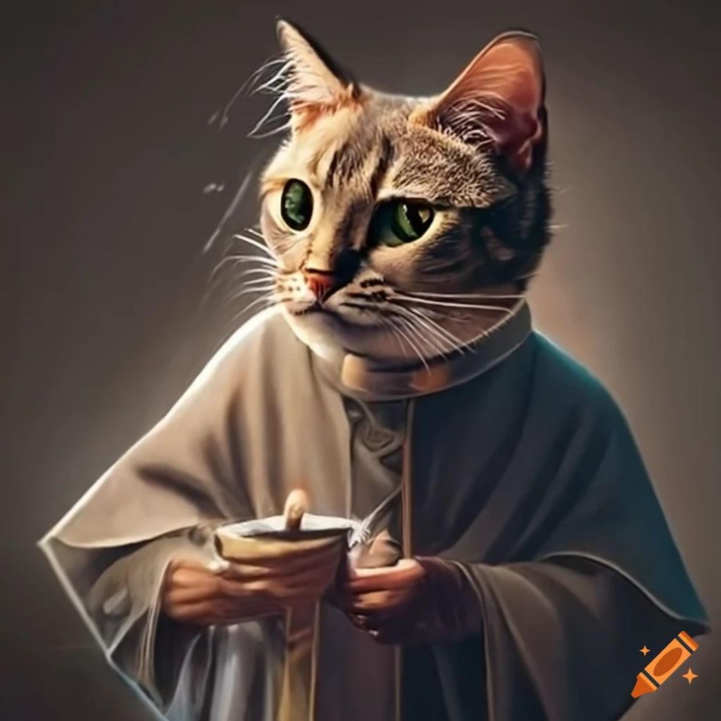 Catholic priest petting a cat in the rain on Craiyon