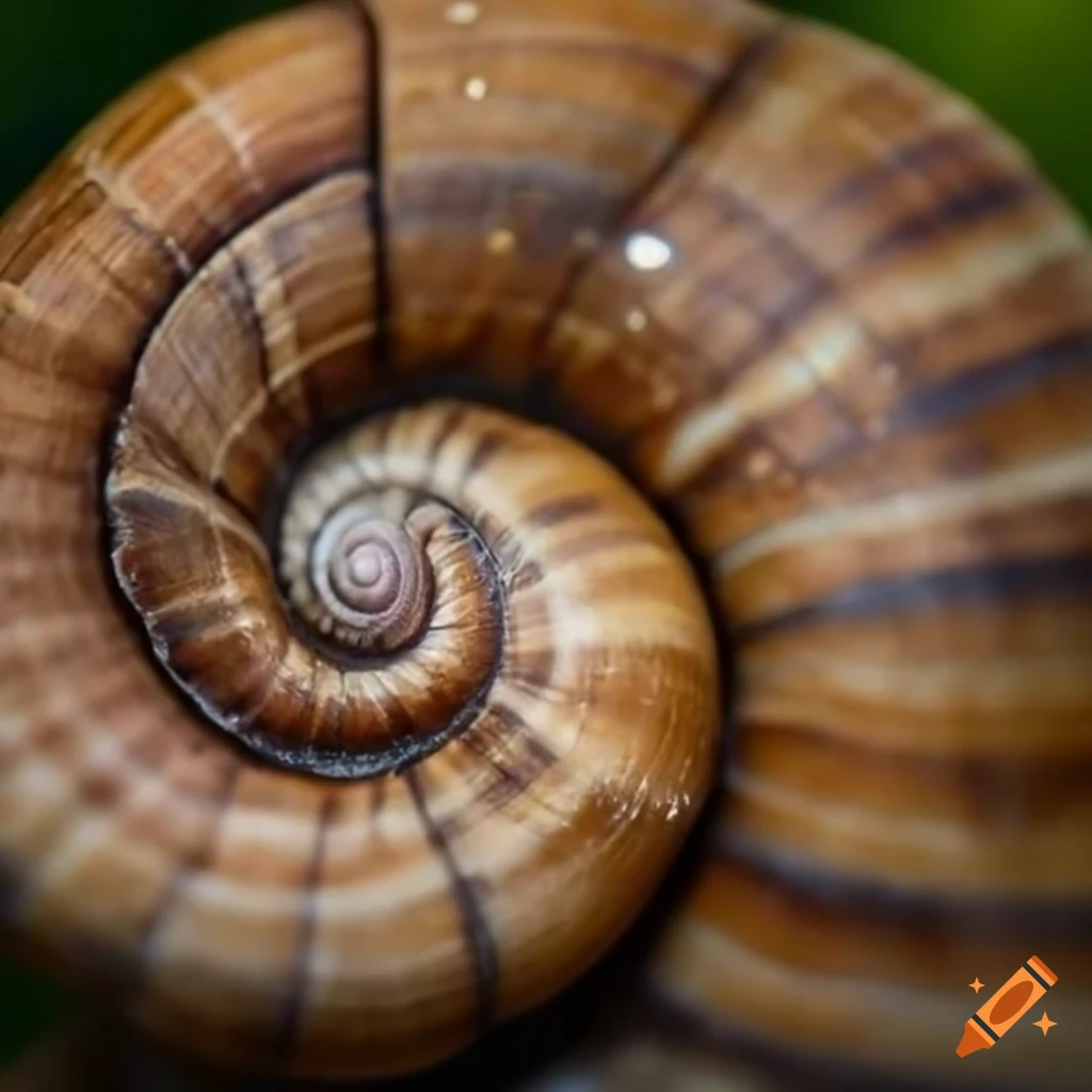 Close-up of a garden snail's intricate spiraled shell on Craiyon