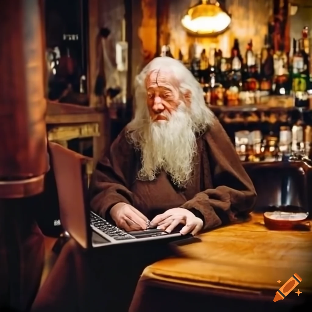 Gandalf sitting with a laptop in a pub on Craiyon
