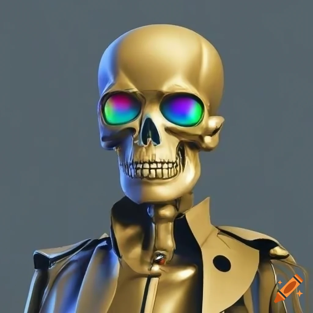 Golden humanoid skeleton with black trench coat and rainbow fractal ...