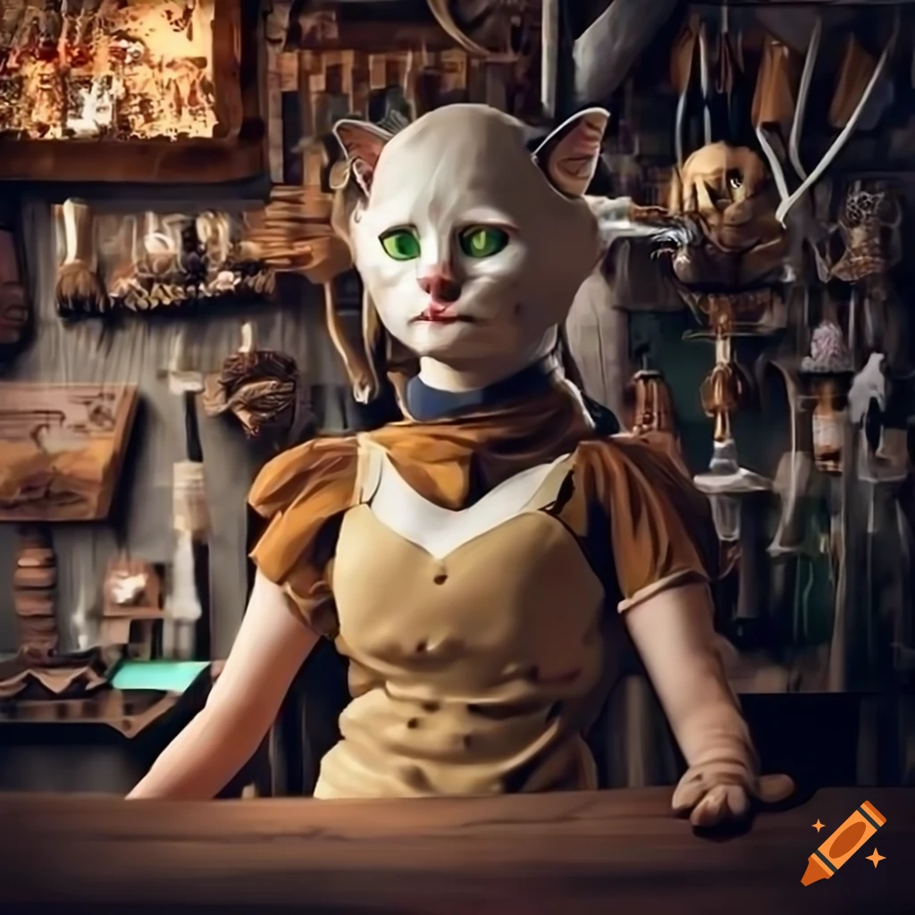 Humanoid cat shopkeeper selling fantasy weapons in a shop on Craiyon