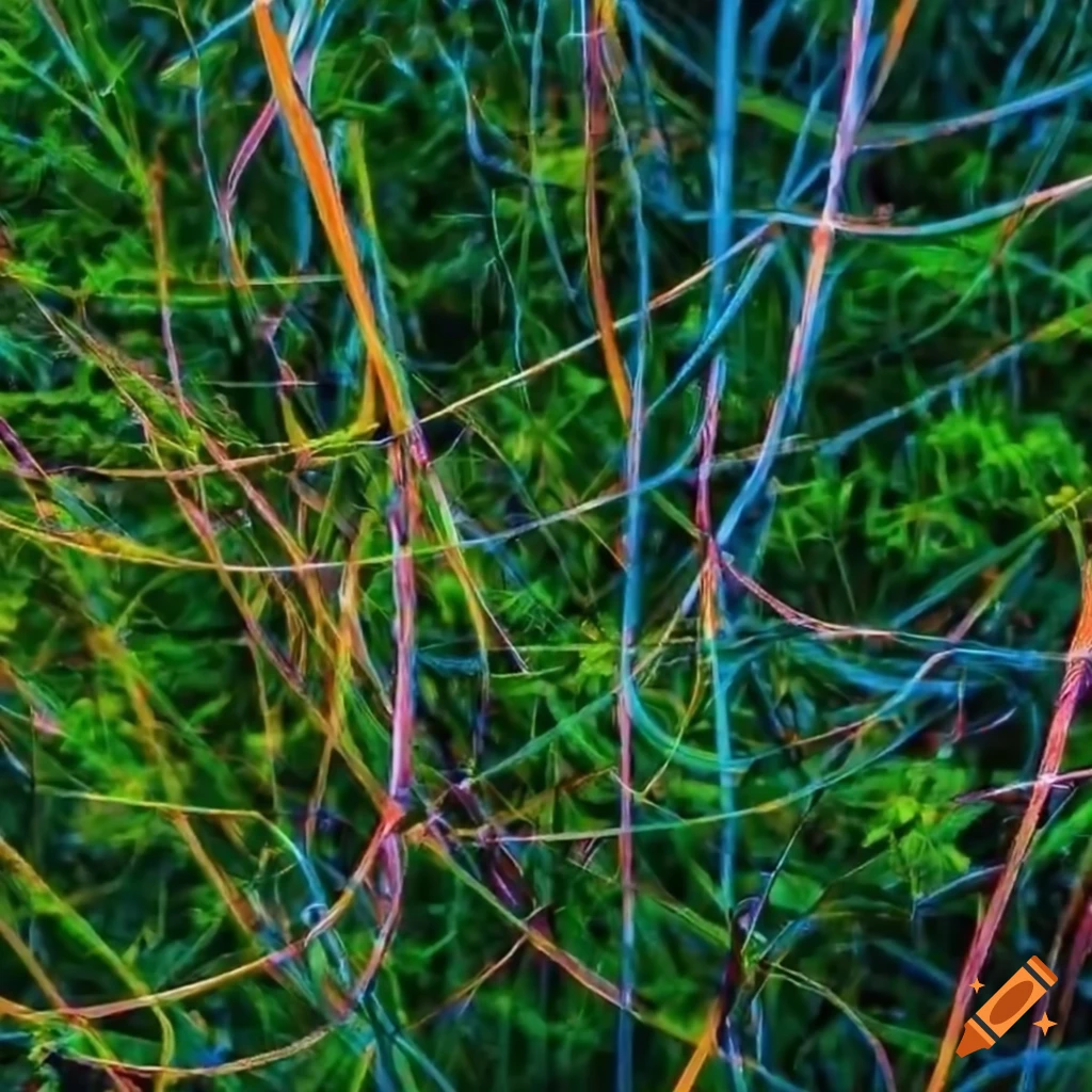 Intricate nature forest and sun with colorful wires and components on ...