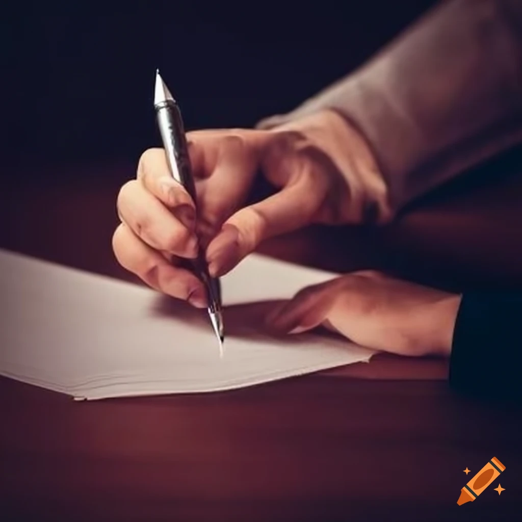 Signing documents with hesitant hand holding a pen on Craiyon