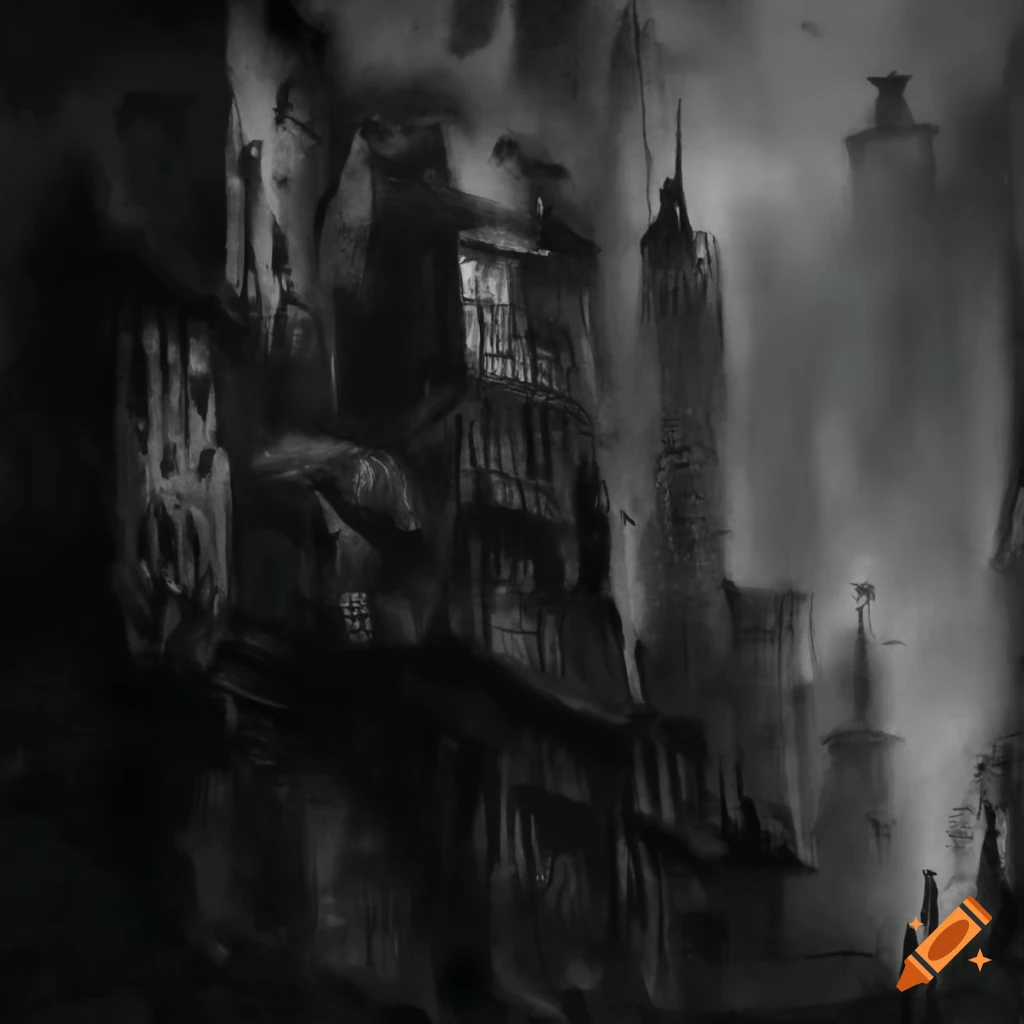 Burned old city charcoal drawing in black and white on Craiyon