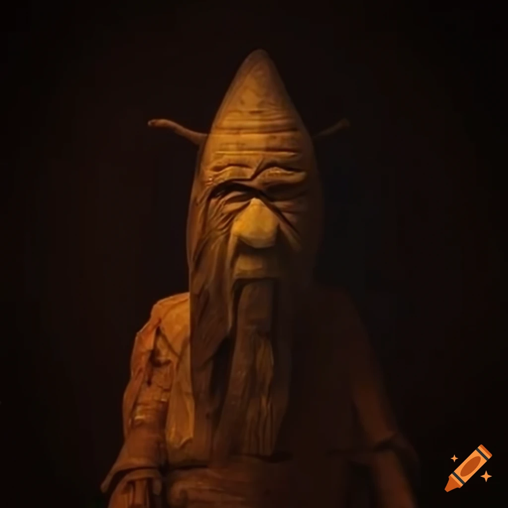 Small wooden spirit-man with glowing eyes in a dim hut on Craiyon