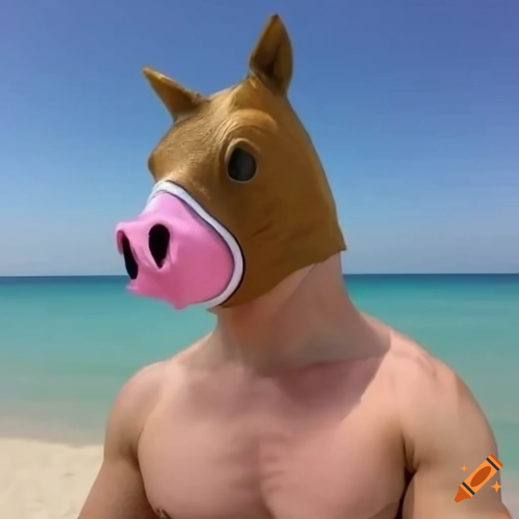 Buff man wearing a horse mask on the beach in a funny cosplay on Craiyon