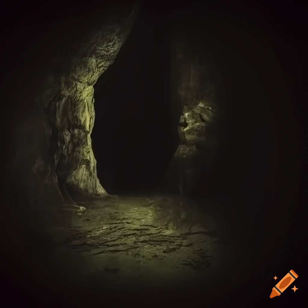 Mysterious cave entrance in a moonlit forest with vintage photography ...