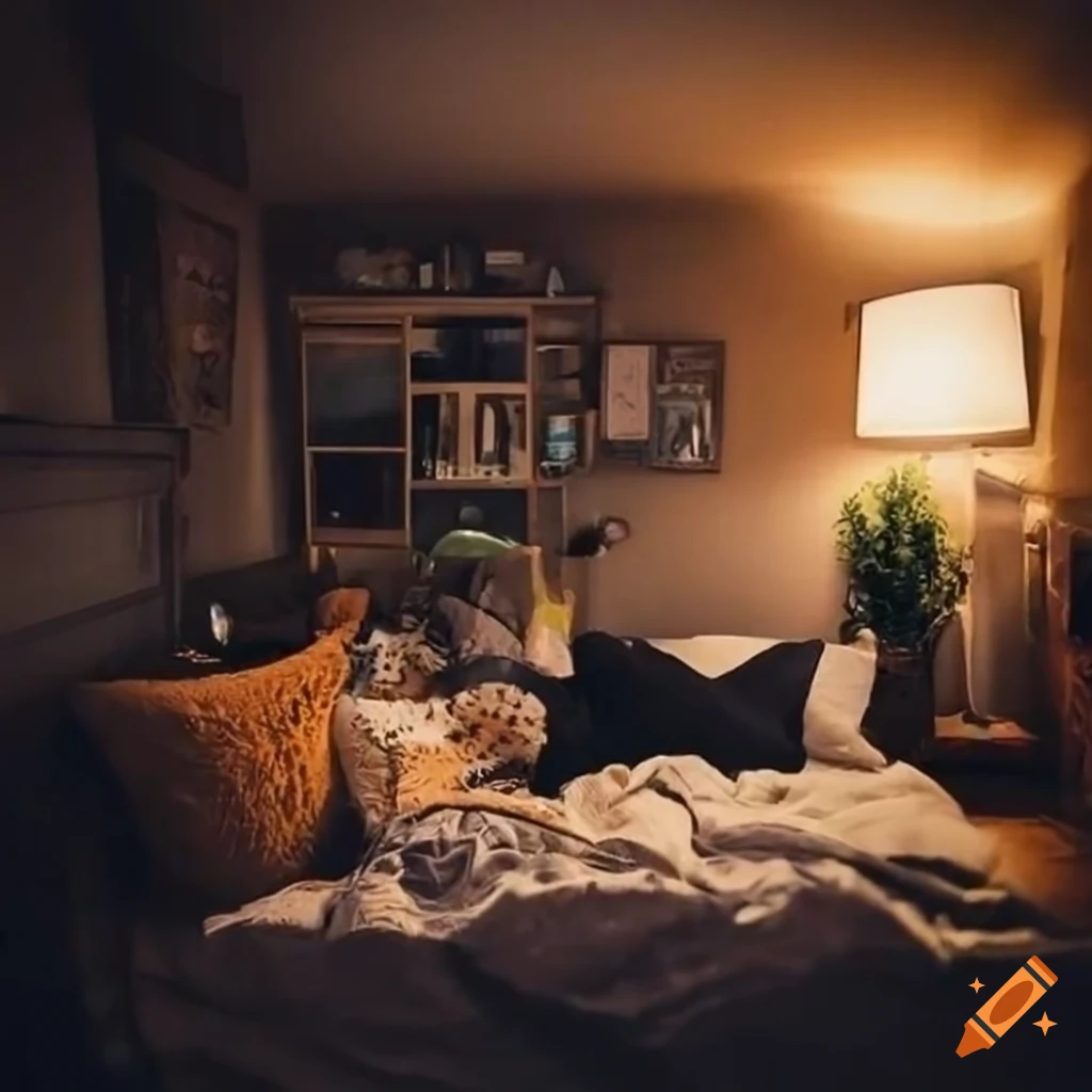 Cosy and slightly messy living room in the evening with a big bed on ...