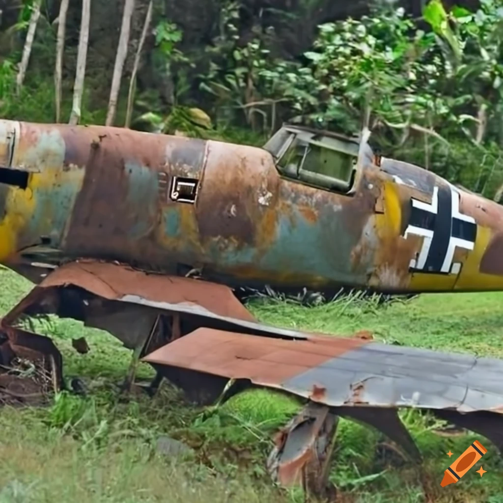 Rusty german bf 109 plane crash-landed on a tropical island on Craiyon