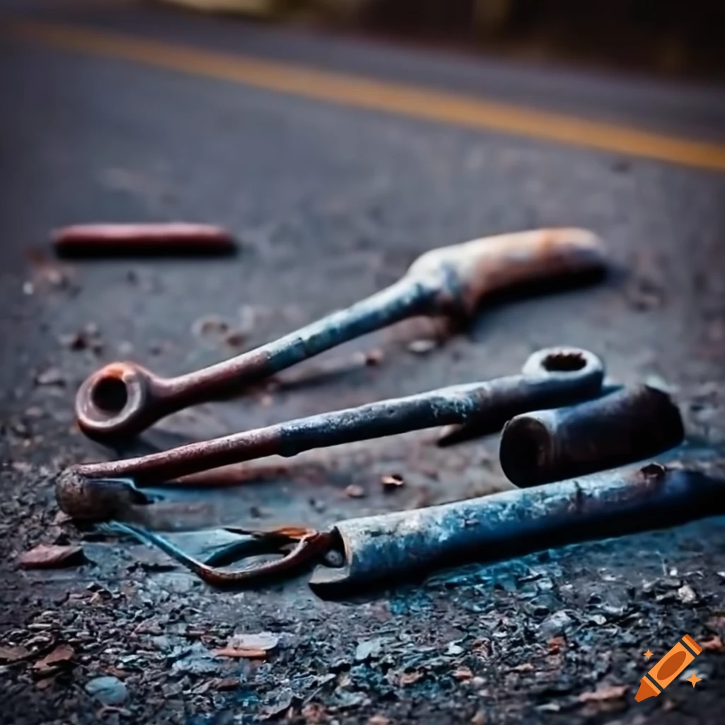 Old tools on a road on Craiyon