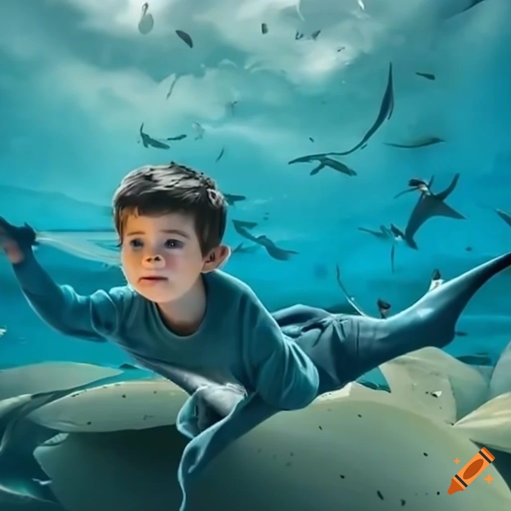 Boy surrounded by sharks on Craiyon