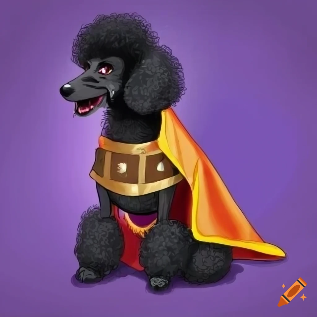 Black poodle with a gold P on its chest and a purple cape like a comic ...