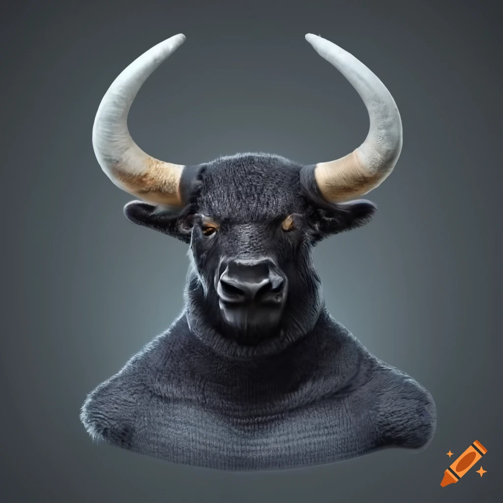 Photorealistic black minotaur in a stylish black turtleneck sweater on ...