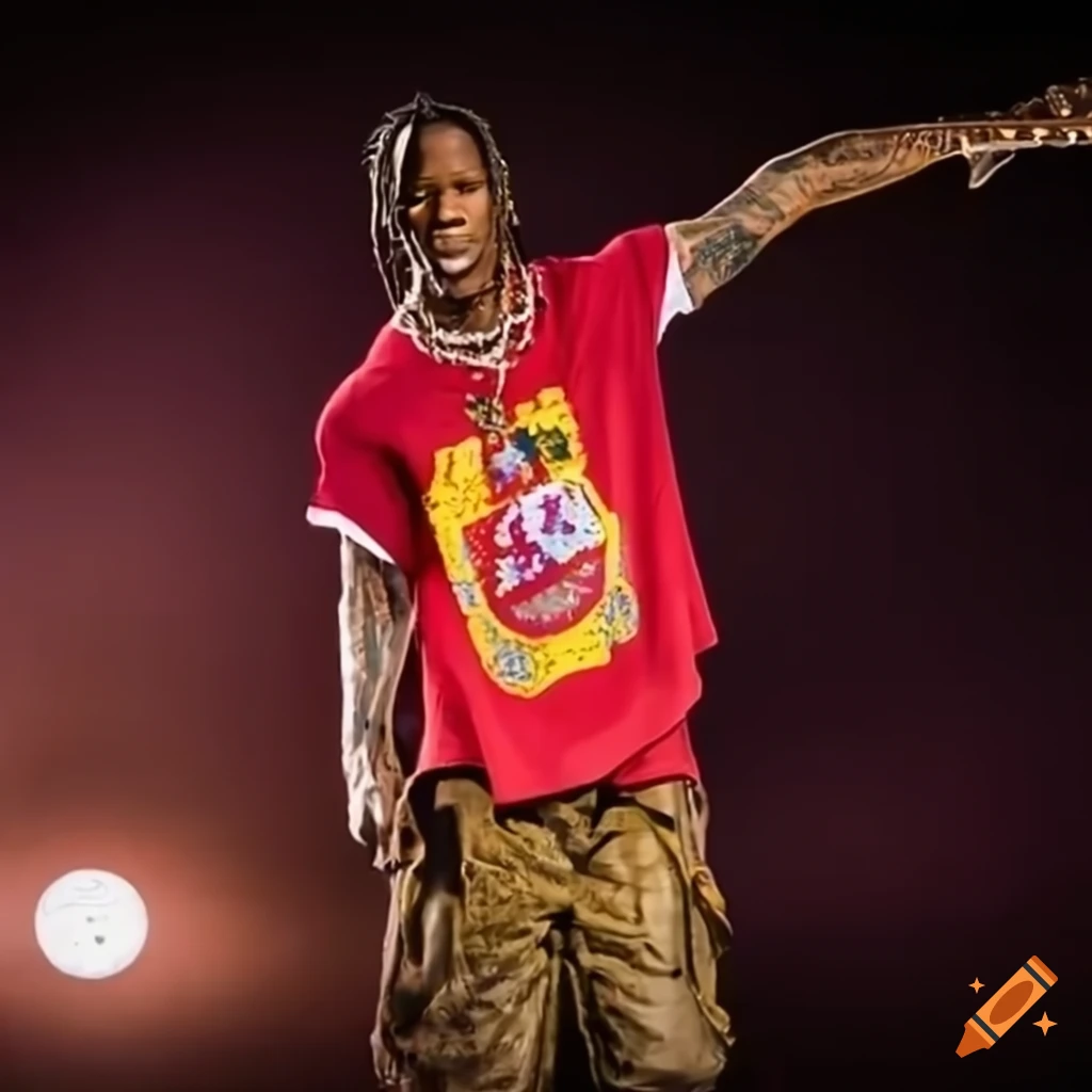Travis Scott singing in Spanish wearing a Spain flag shirt on Craiyon