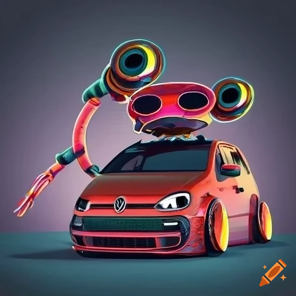 Cartoon Volkswagen Golf with excessive tuning style and bright colors on Craiyon