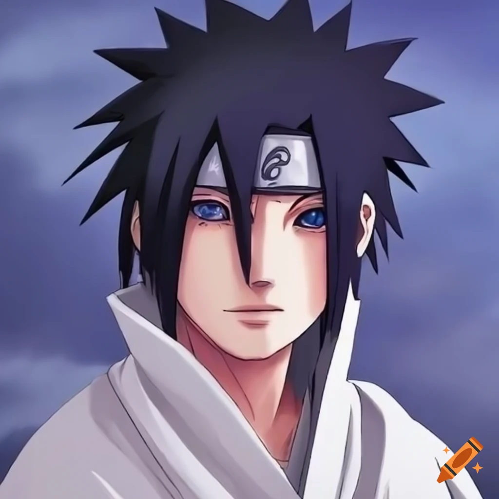 Sasuke Uchiha with piercing blue eyes in a white robe on Craiyon