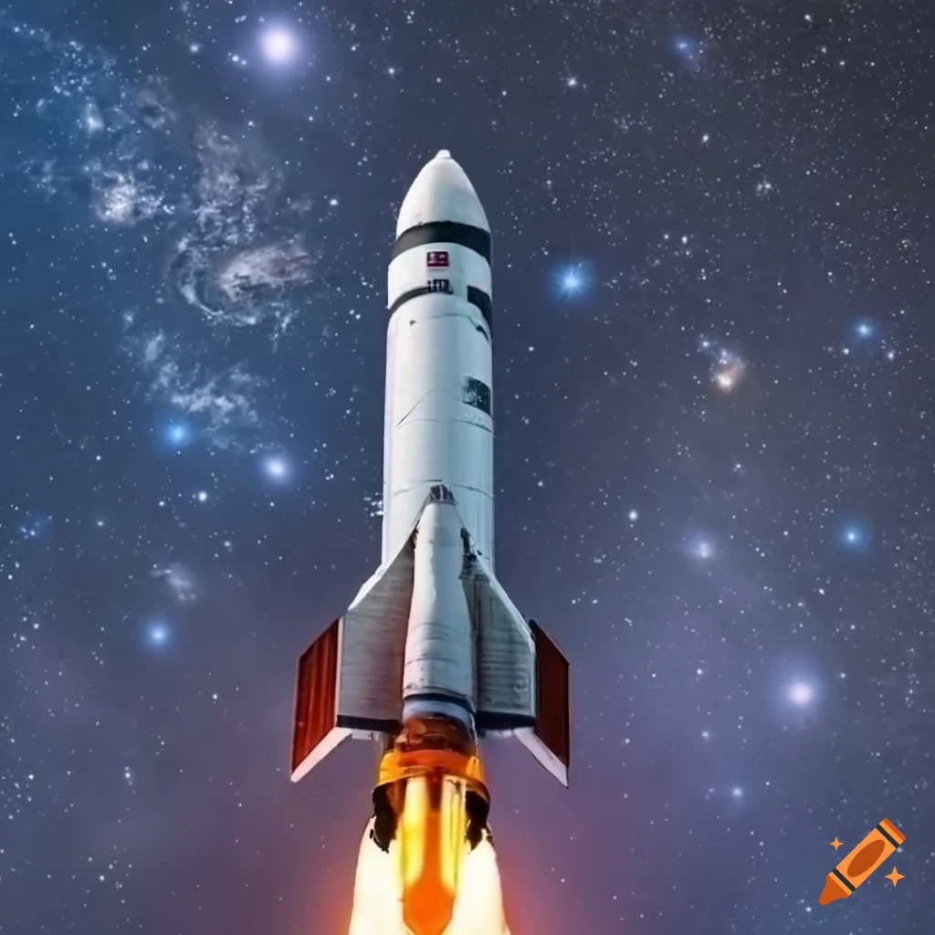 Rocket in space above earth with starry sky in a science fiction ...