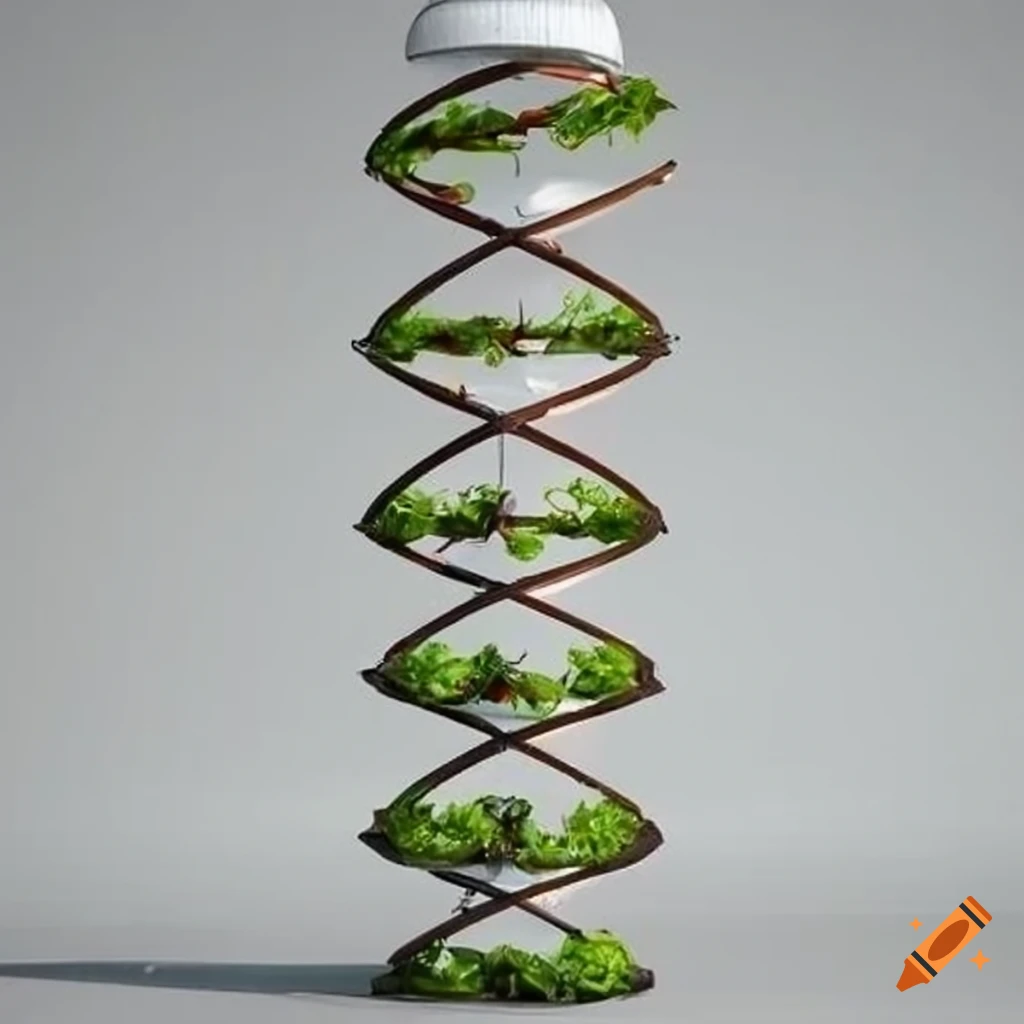 Solar punk wrought iron double helix hydroponics towers on Craiyon