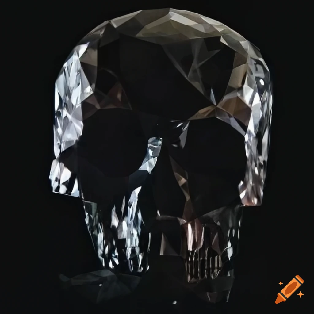 Giant clear diamond skull illuminated in a dark room on Craiyon