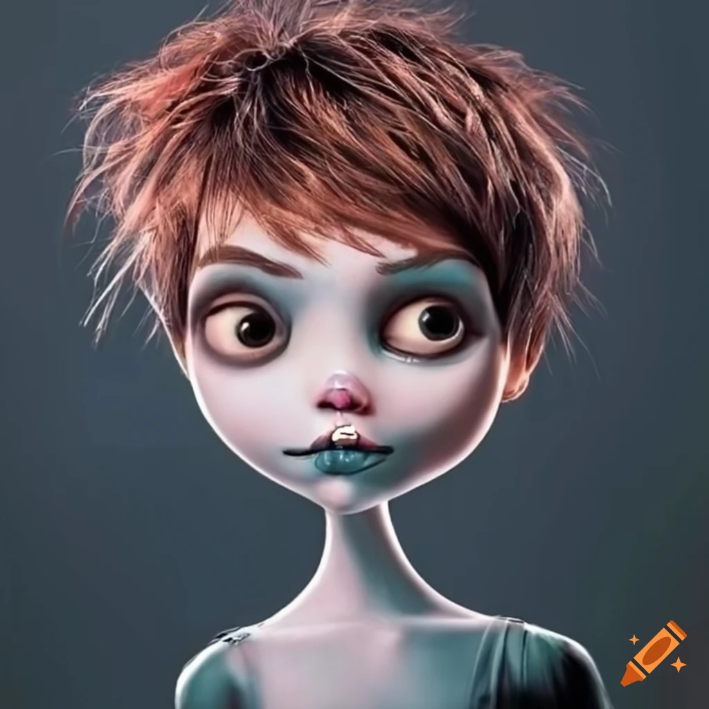 Tim Burton-inspired girl with brown pixie cut hair and lip piercings on ...