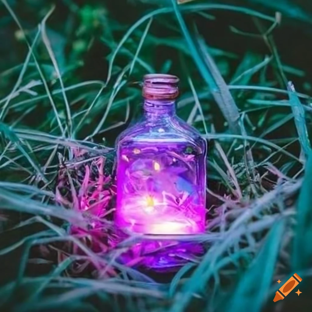 Luminous magic potion in a fantasy jar on magical grass surrounded by ...