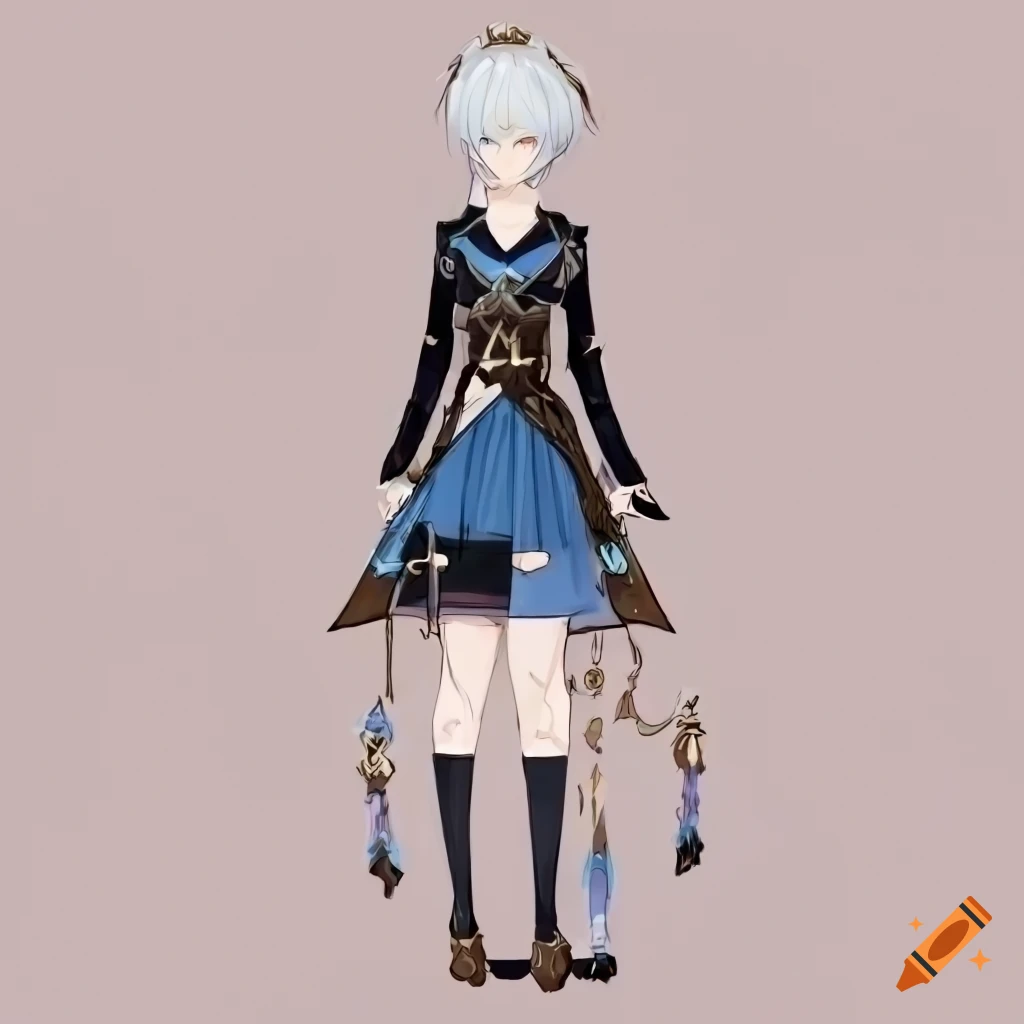 Full-body character design sheet of a woman with short white hair in ...