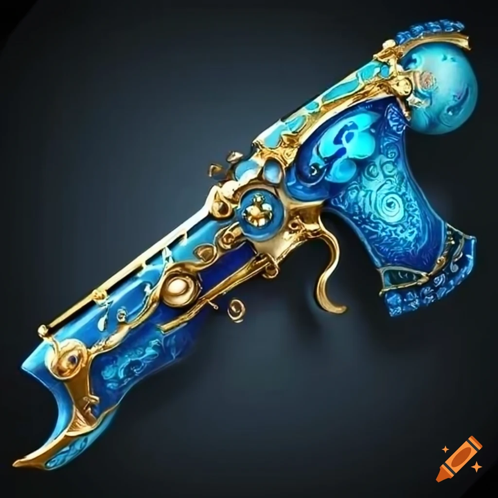 Deep blue fantasy pistol with gold decorations on Craiyon