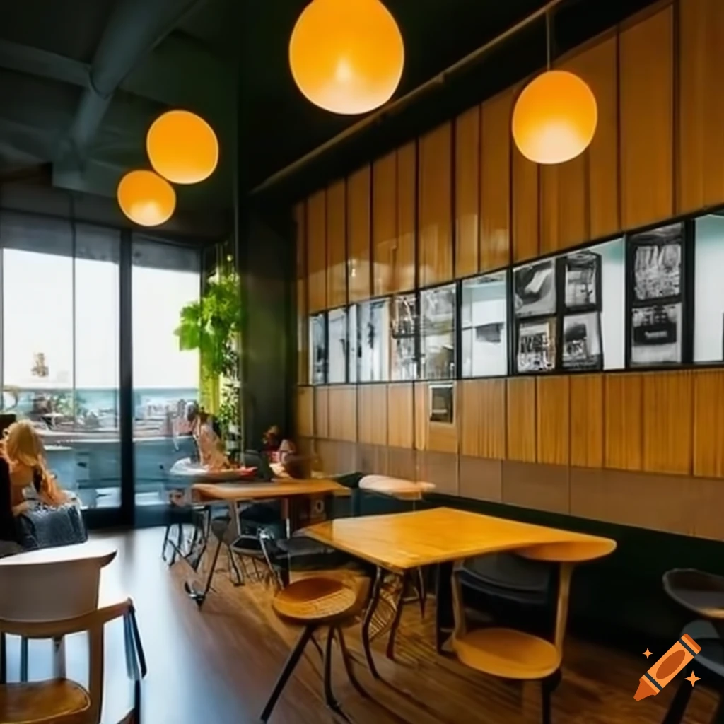 Bright cafe with diverse customers and a glass wall on Craiyon