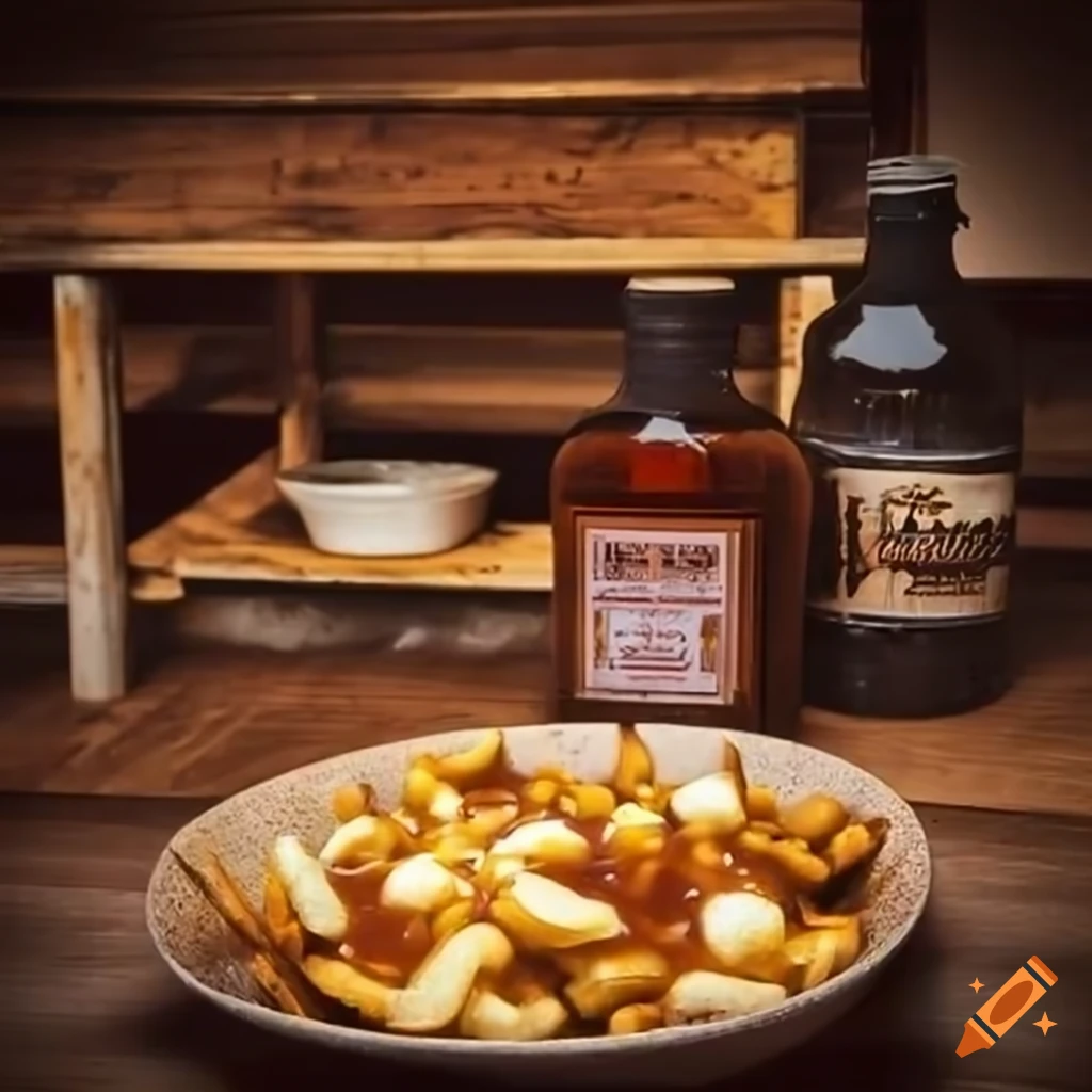 Table in a sugar shack with poutine and maple syrup on Craiyon