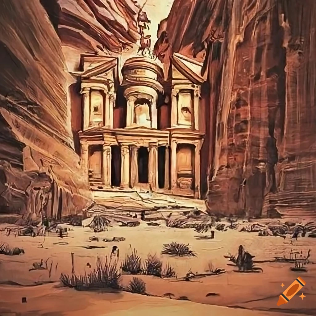 Ancient city of petra in a pencil drawing on Craiyon