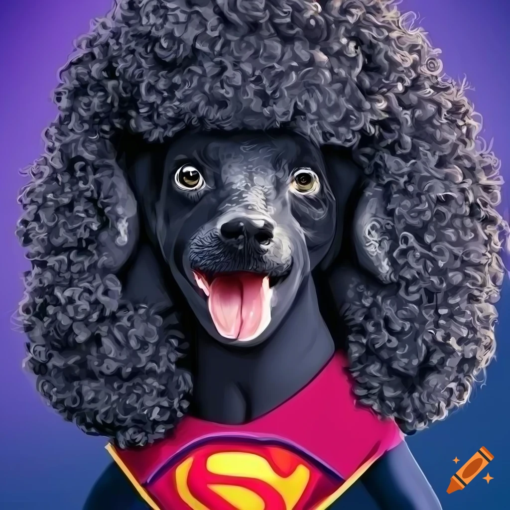 Black poodle superhero in dynamic illustration on Craiyon