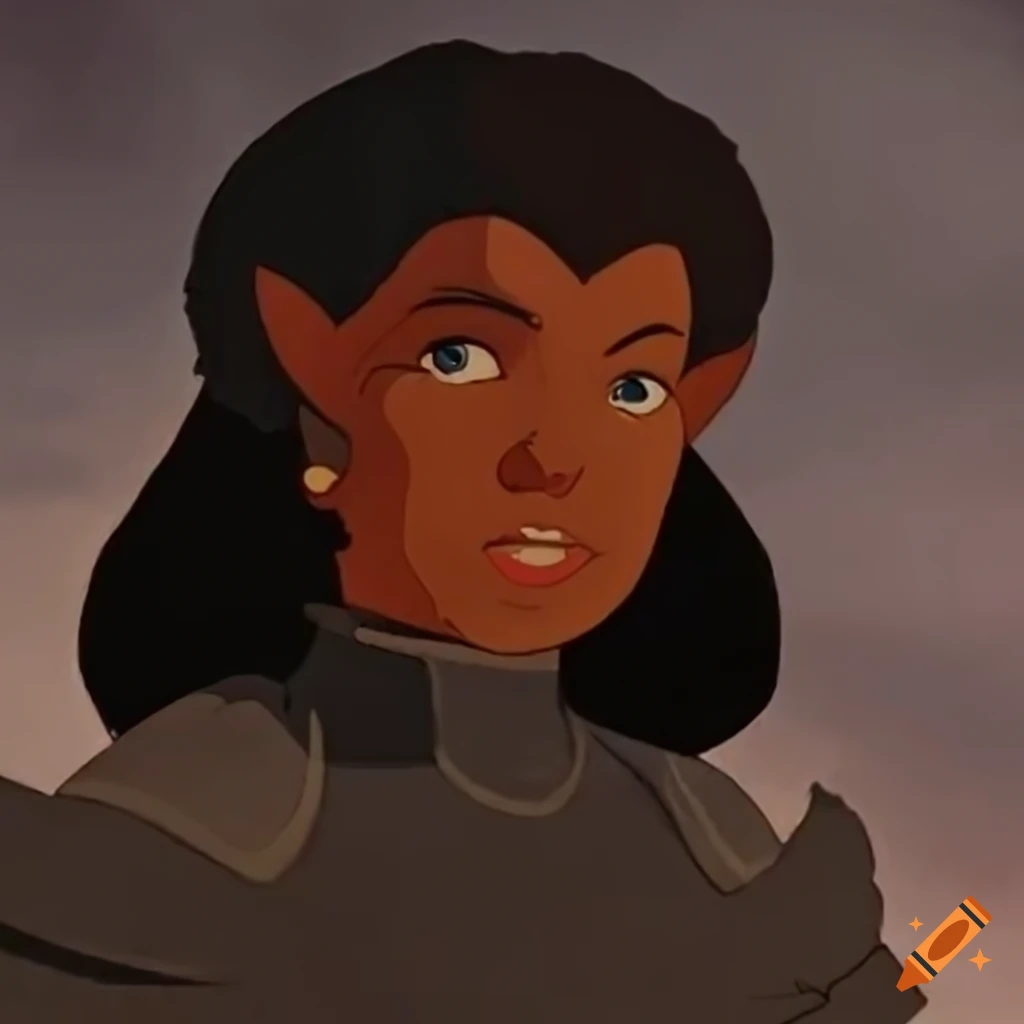 Portrait of a black female dwarf in armor in Disney cel animation style ...