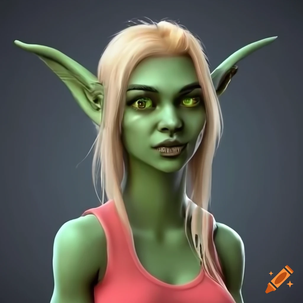 Young Dark Green Skinned Female Goblin With Long Blonde Hair And Green