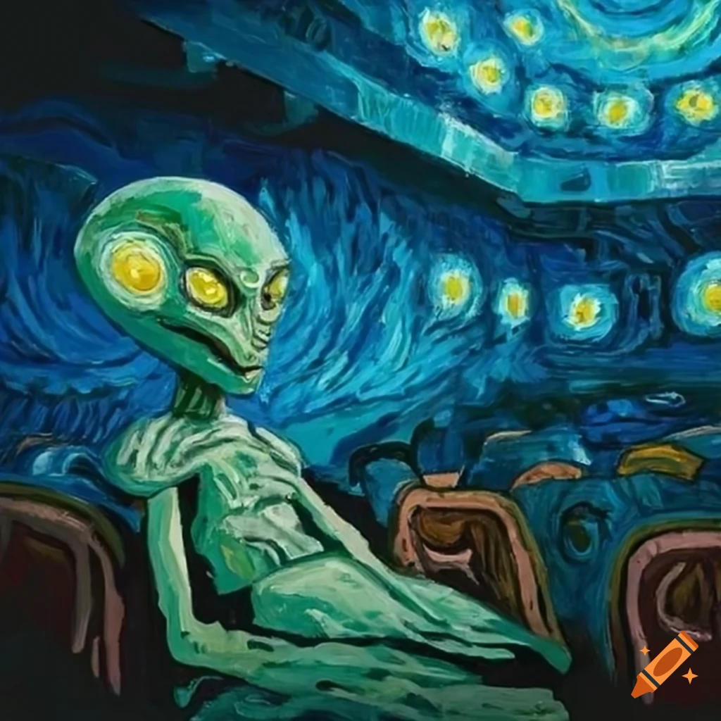 Alien in a movie theater inspired by van gogh's style on Craiyon