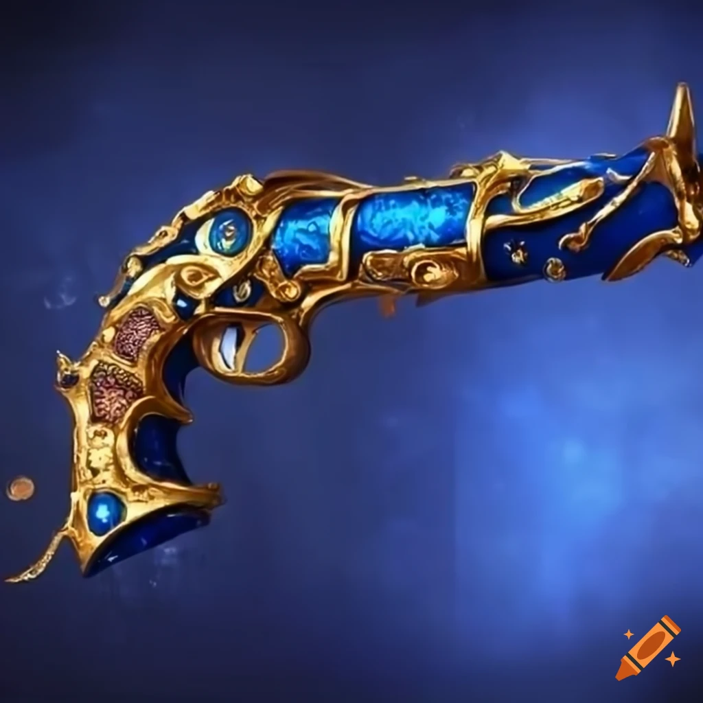Deep blue fantasy pistol with gold decorations on Craiyon