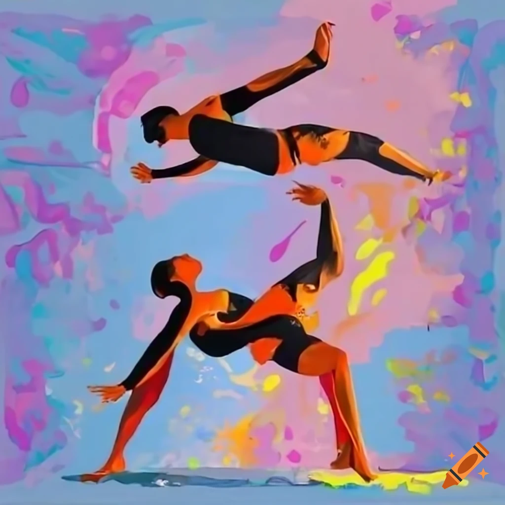 Dynamic acroyoga couple in colorful outfits suspended in balance on Craiyon