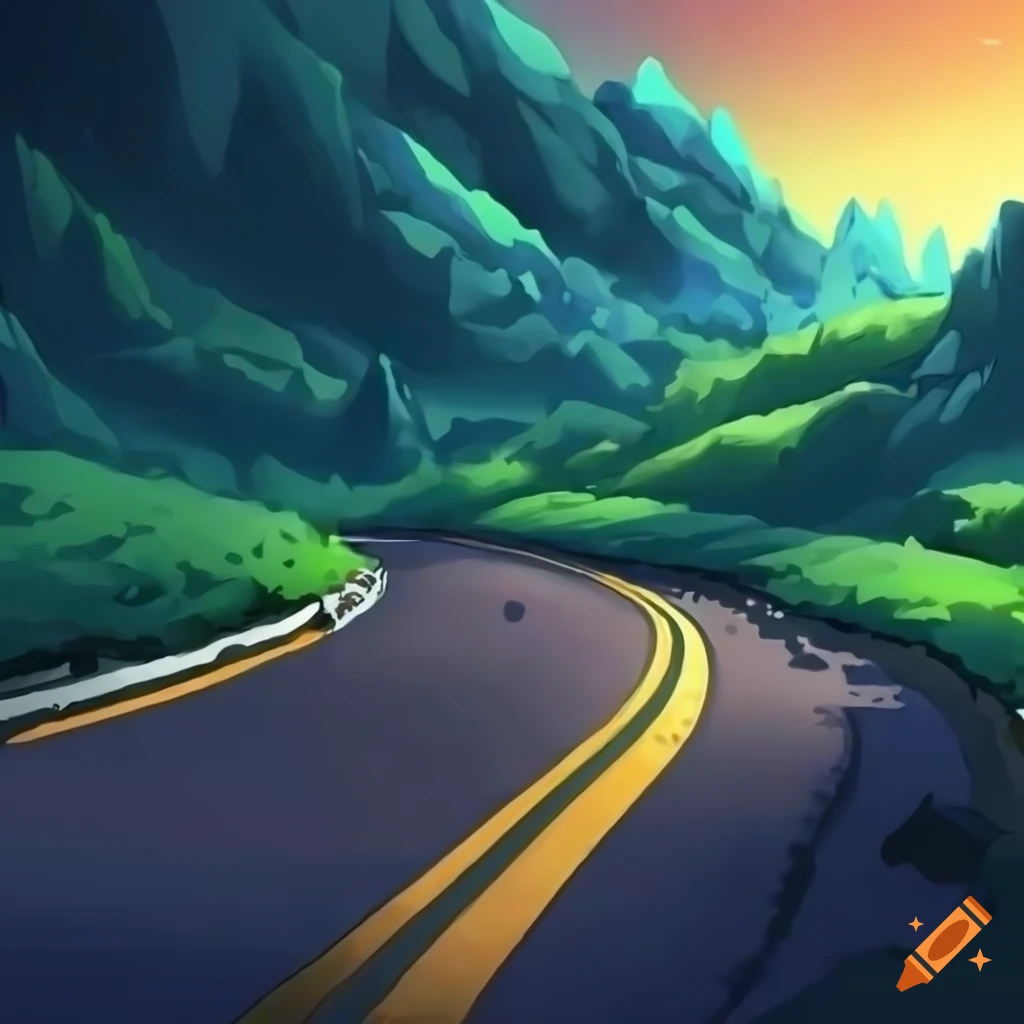 Anime style road with rocky hills in the background on Craiyon