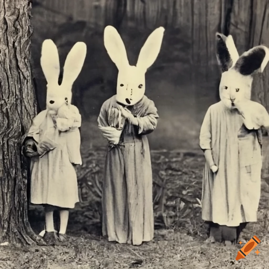 Vintage photograph of people in rabbit masks in a wooded area on Craiyon