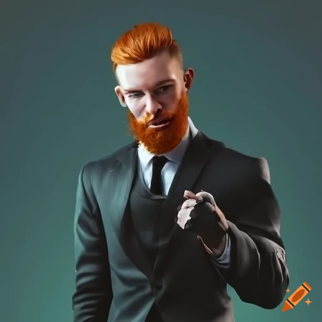 Man with ginger hair in a black suit and rings on Craiyon
