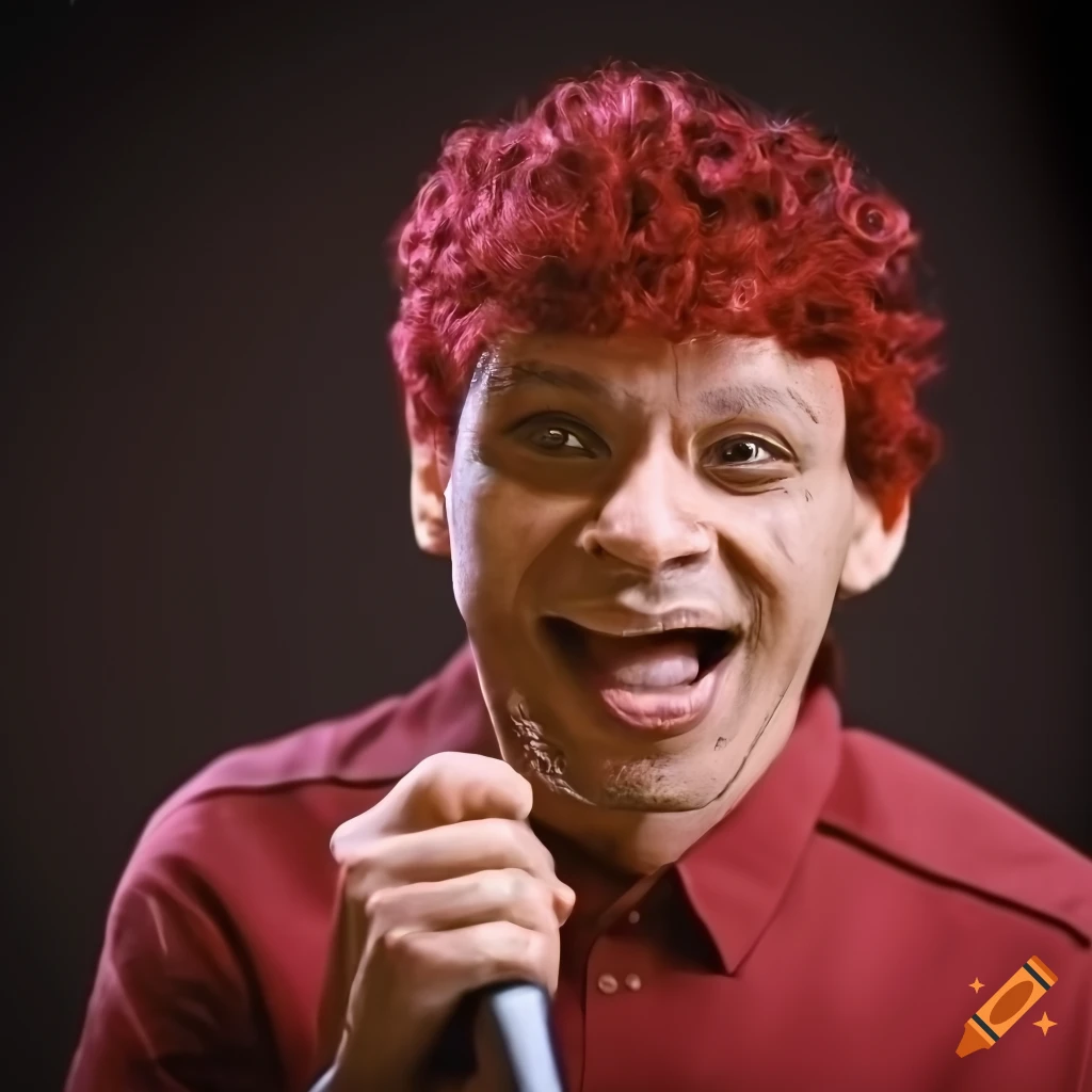 Short wavy maroon hair, brown-skinned humanoid alien man telling a joke ...